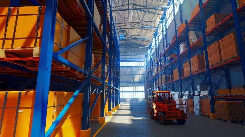 A Forklift is Driving through a Warehouse Filled with Boxes Stock ...
