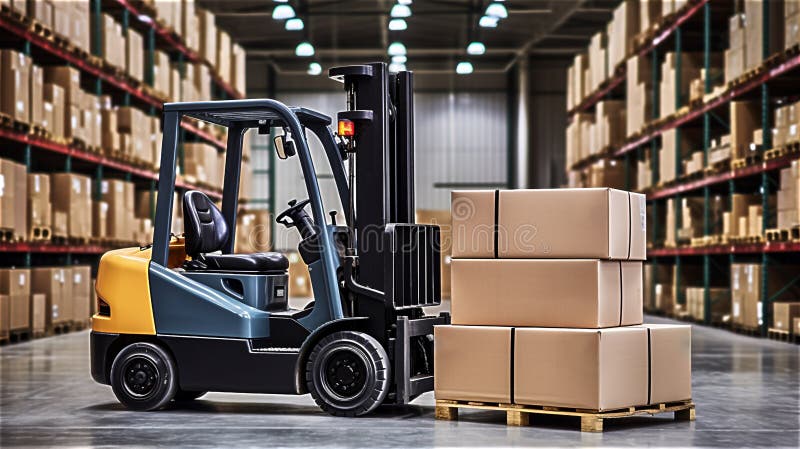 Forklift Electric Freight Transport in a Large Warehouse. Stock ...