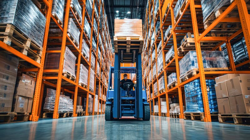 Forklift Elevates Cargo Pallet in a Modern Warehouse Setting Under ...