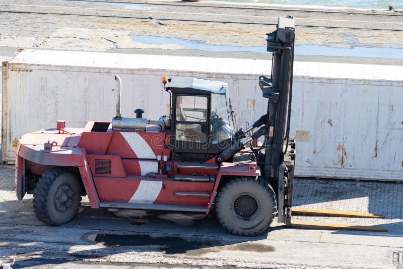 Forklift with Empty Cab in the Shipping Port Stock Photo - Image of ...