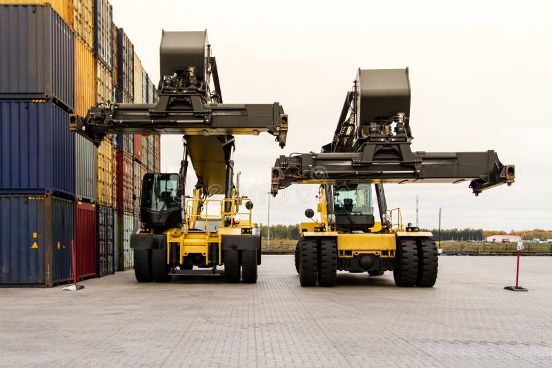 Forklift Handling Cargo Container. Freight Container Loading Stock ...