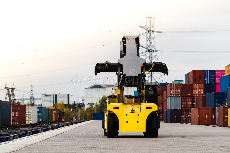 Forklift Handling Cargo Container. Freight Container Loading Stock ...
