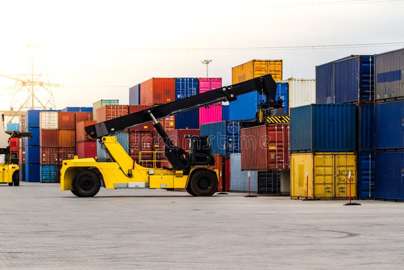 Forklift Handling Cargo Container. Freight Container Loading Stock ...