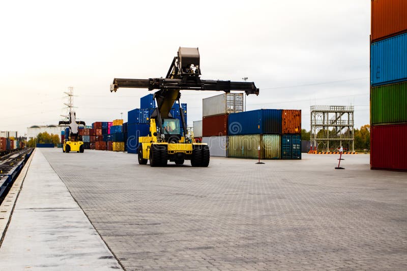 Forklift Handling Cargo Container. Freight Container Loading Stock ...