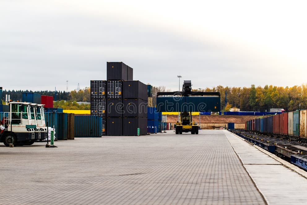 Forklift Handling Cargo Container. Stock Photo - Image of harbor ...