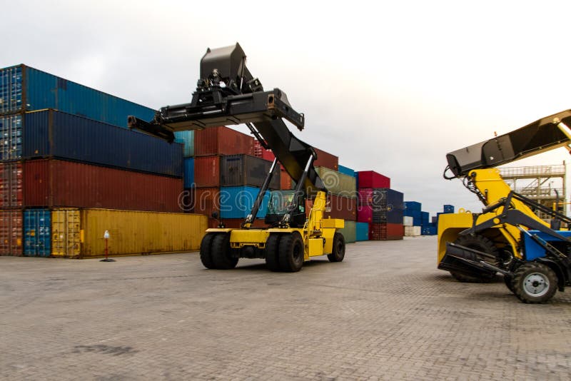 Forklift Handling Cargo Container. Stock Photo - Image of harbor, stack ...