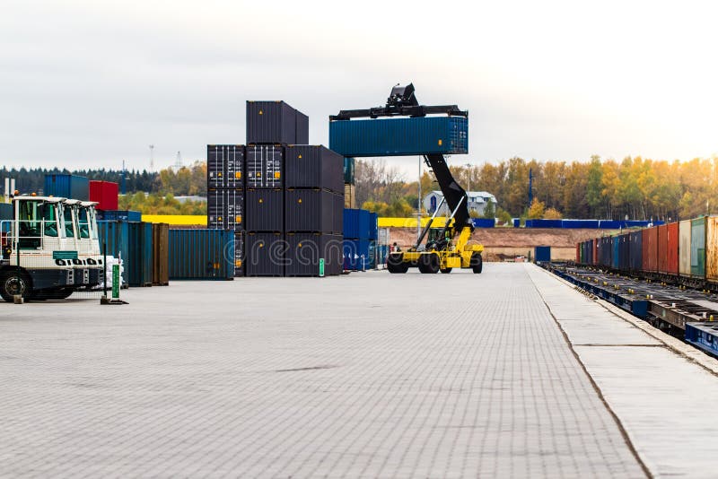 Forklift Handling Cargo Container. Stock Image - Image of container ...