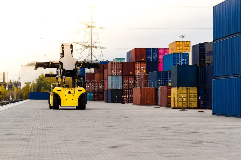 Forklift Handling Cargo Container. Stock Photo - Image of harbor, stack ...