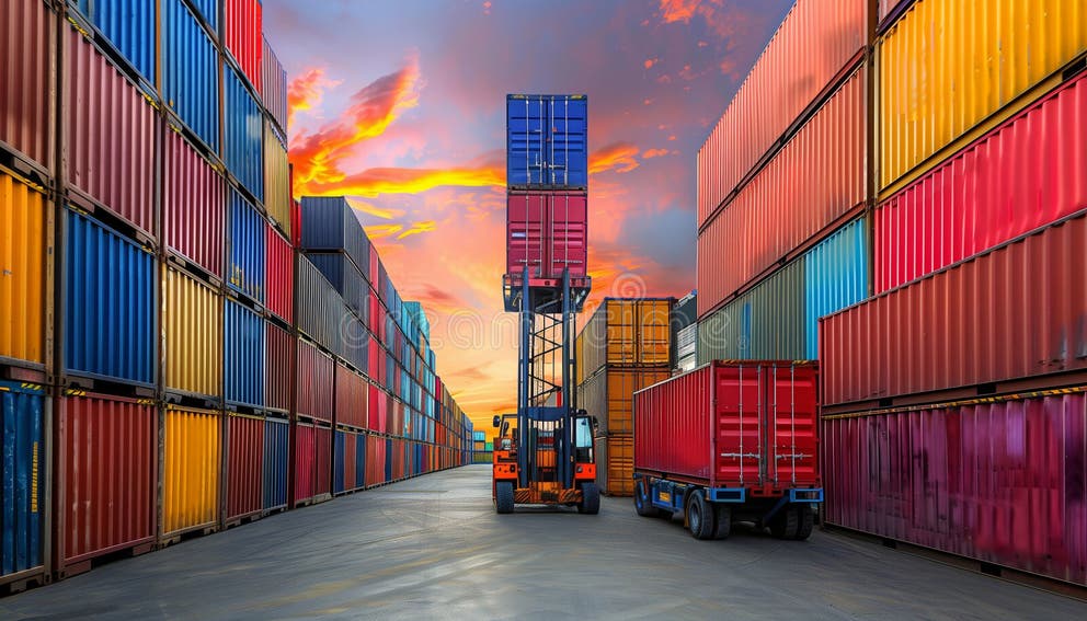 Forklift Handling Container Box Loading on Industrial Container Cargo ...