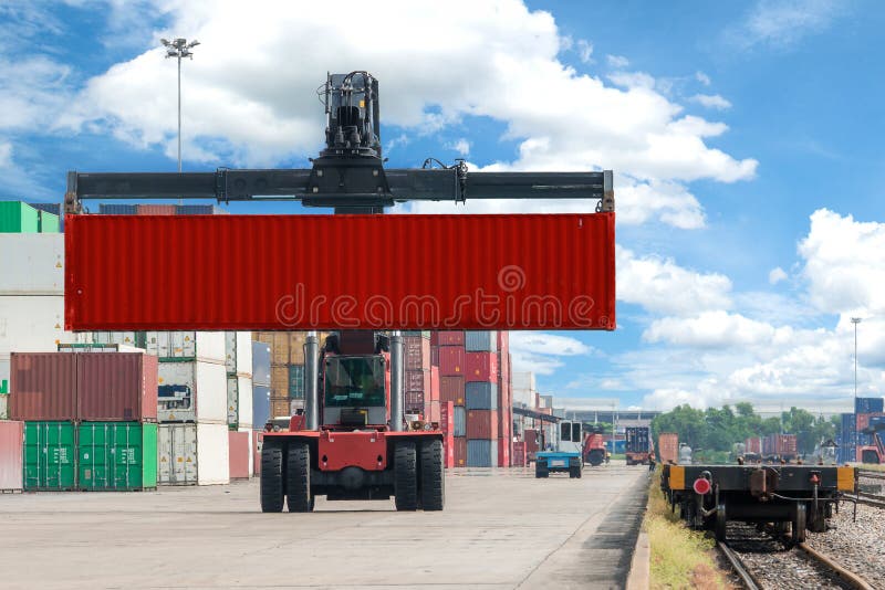 Forklift Handling Container Box Loading To Freight Train Stock Photo ...