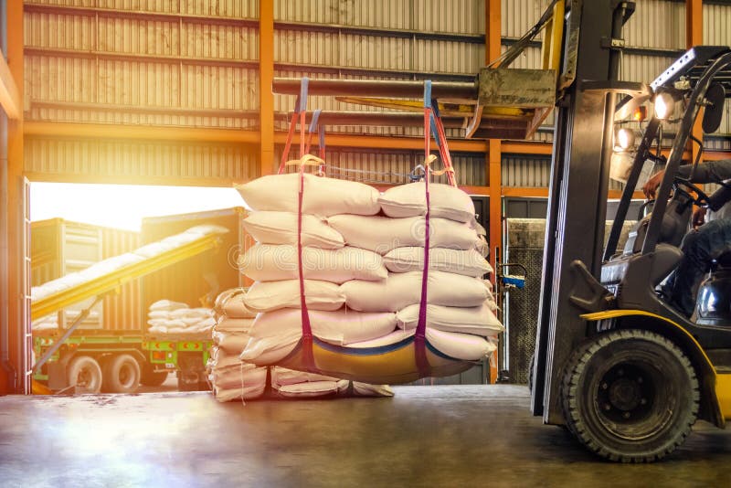 Forklift Handling Sugar Bag for Stuffing into Container for Export ...