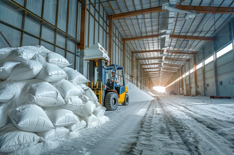 Forklift Handling White Bags, Loading Fertilizer Bags into Containers ...