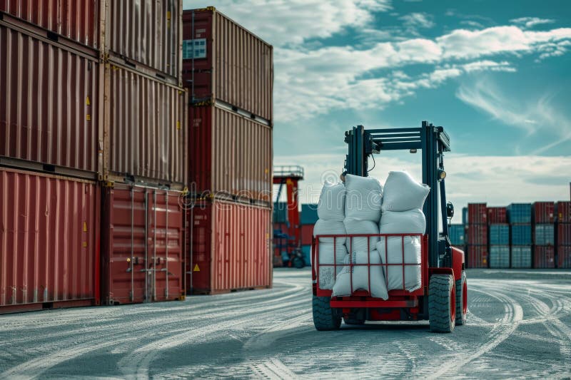 Forklift Handling White Bags, Loading Fertilizer Bags into Containers ...