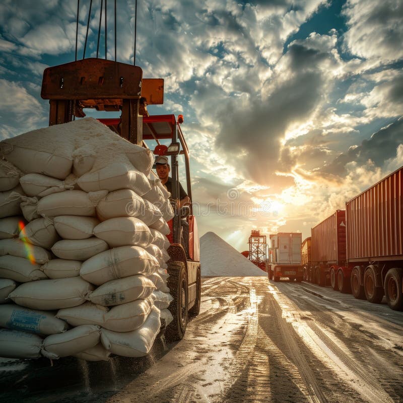 Forklift Handling White Bags, Loading Fertilizer Bags into Containers ...