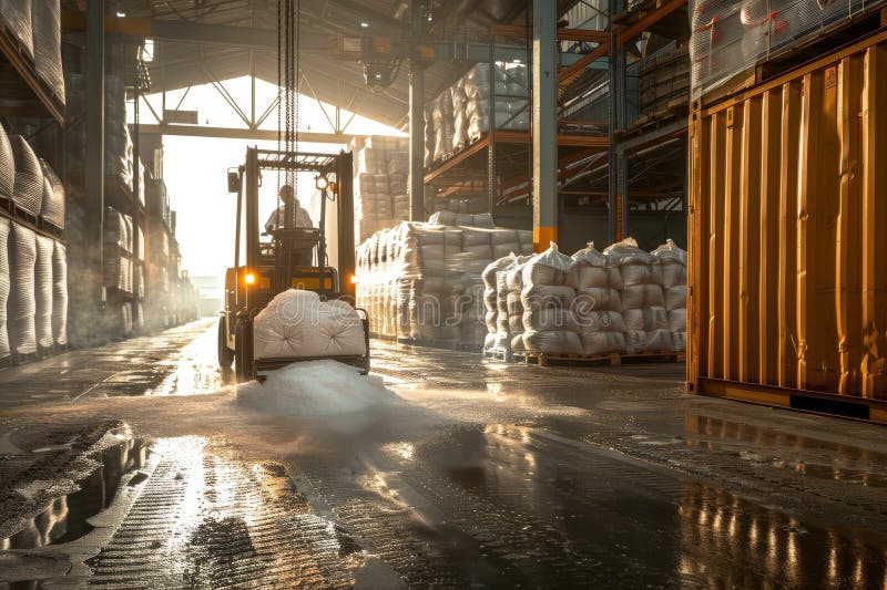 Forklift Handling White Bags, Loading Fertilizer Bags into Containers ...