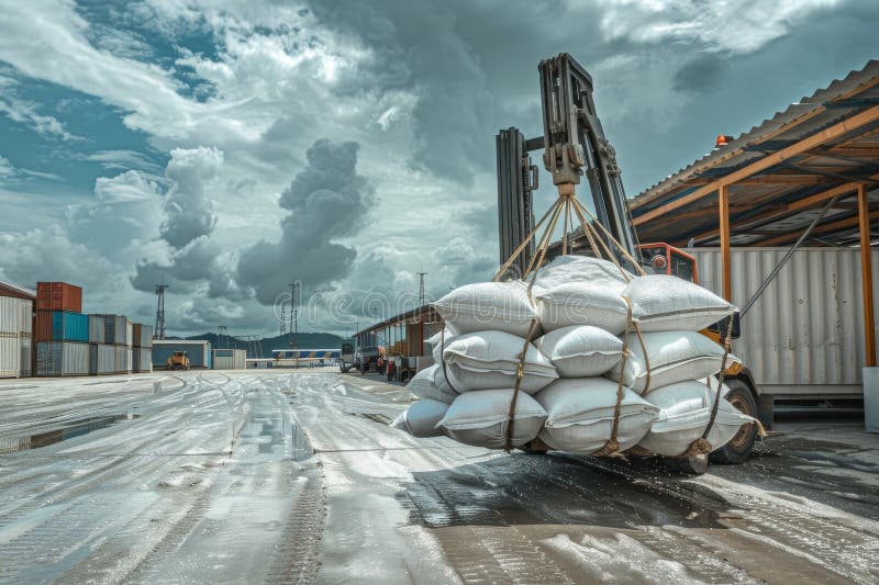 Forklift Handling White Bags, Loading Fertilizer Bags into Containers ...