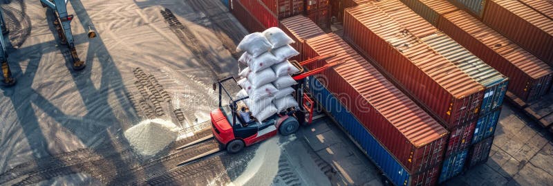 Forklift Handling White Bags, Loading Fertilizer Bags into Containers ...