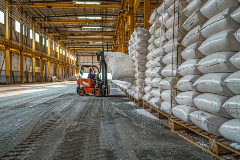 Forklift Handling White Bags, Loading Fertilizer Bags into Containers ...