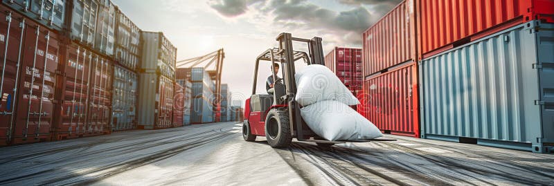 Forklift Handling White Bags, Loading Fertilizer Bags into Containers ...