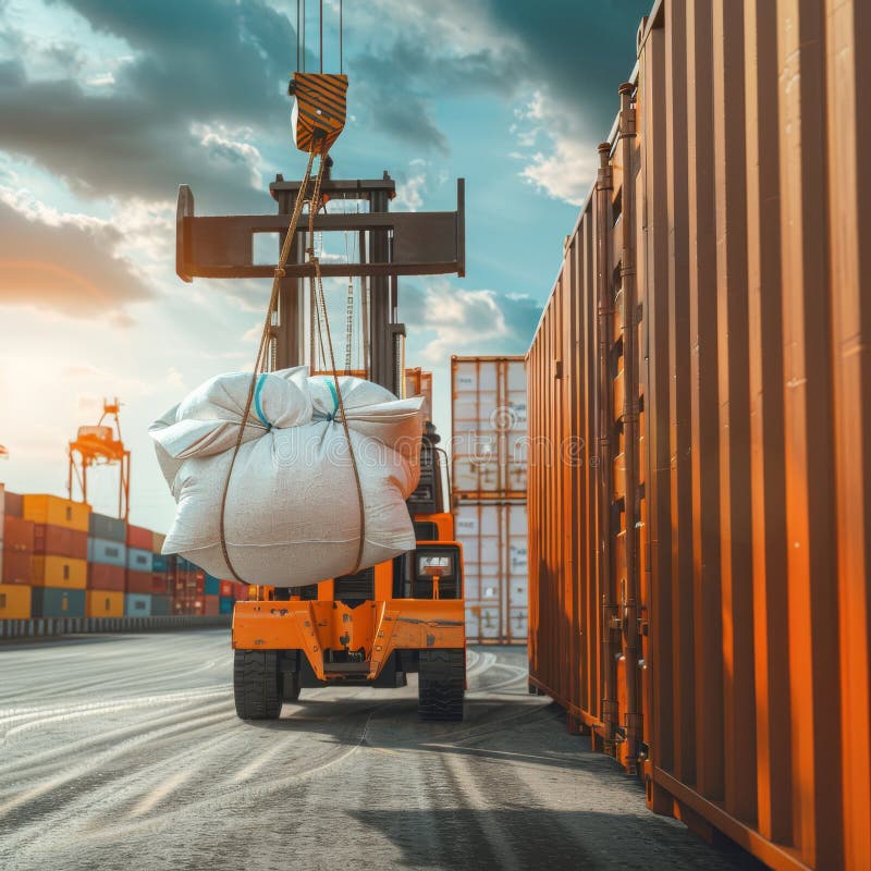 Forklift Handling White Bags, Loading Fertilizer Bags into Containers ...