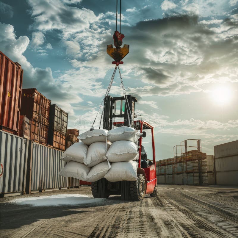 Forklift Handling White Bags, Loading Fertilizer Bags into Containers ...