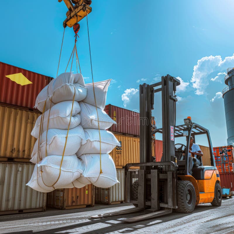 Forklift Handling White Bags, Loading Fertilizer Bags into Containers ...