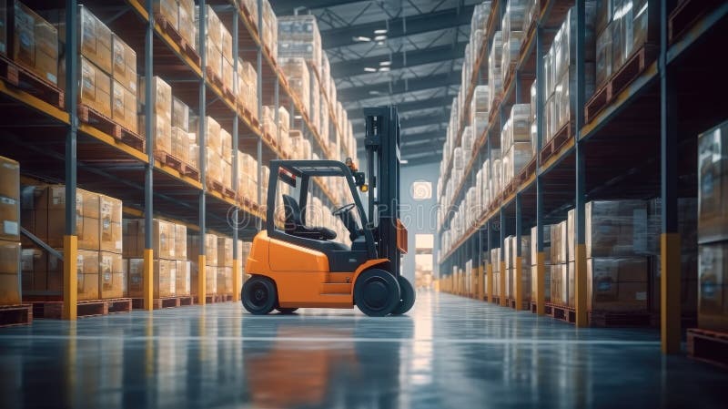 Forklift in the Large Modern Warehouse, Large Goods Warehouse with ...