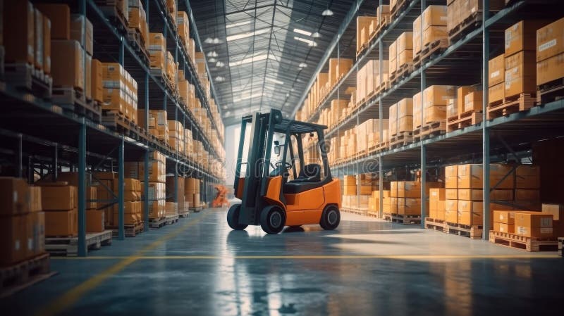 Forklift in the Large Modern Warehouse, Large Goods Warehouse with ...