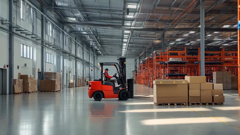 Forklift in Large Warehouse with Stacked Boxes. Industrial Storage and ...