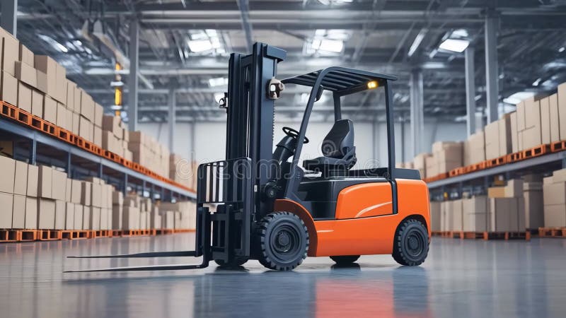 Forklift in Large Warehouse with Stacked Boxes. Industrial Storage and ...