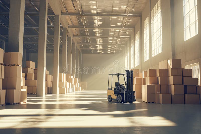 Forklift in Large Warehouse with Stacked Boxes. Industrial Storage and ...