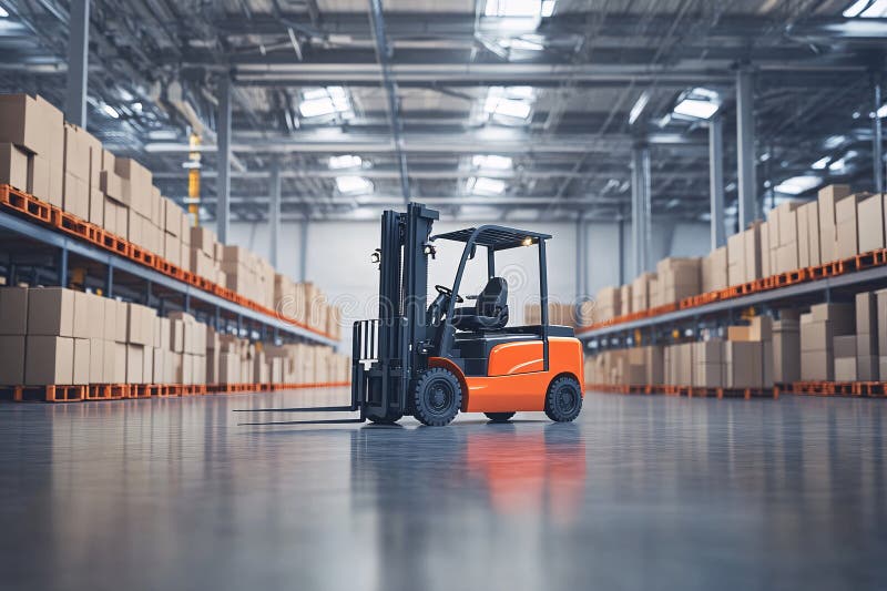 Forklift in Large Warehouse with Stacked Boxes. Industrial Storage and ...