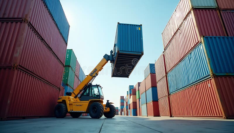 Forklift Lifting Blue Container among Stacked Colorful Containers in a ...