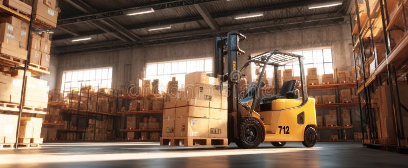 The Forklift Lifting Boxes in a Well-organized Warehouse Environment ...