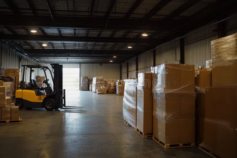 Forklift Loaded with Boxes Inside a Warehouse Hangar. Warehouse Area. Stock Photo - Image of ...