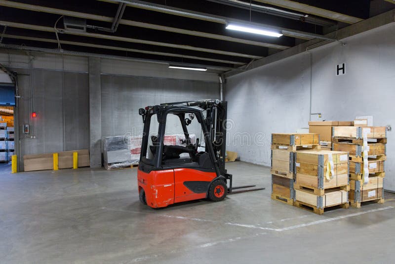 Forklift Loader and Boxes at Warehouse Stock Photo - Image of loader ...