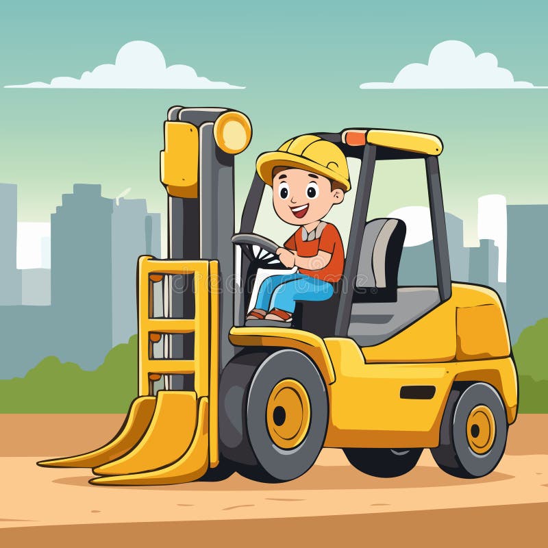 Forklift Loader Boy Cartoon Character on Construction Site Vector ...