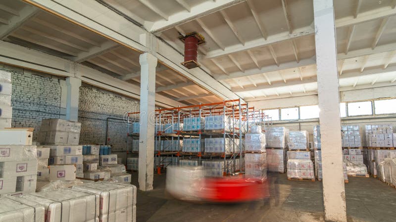 Forklift Loader and Cargo Boxes Storing at Warehouse Timelapse ...