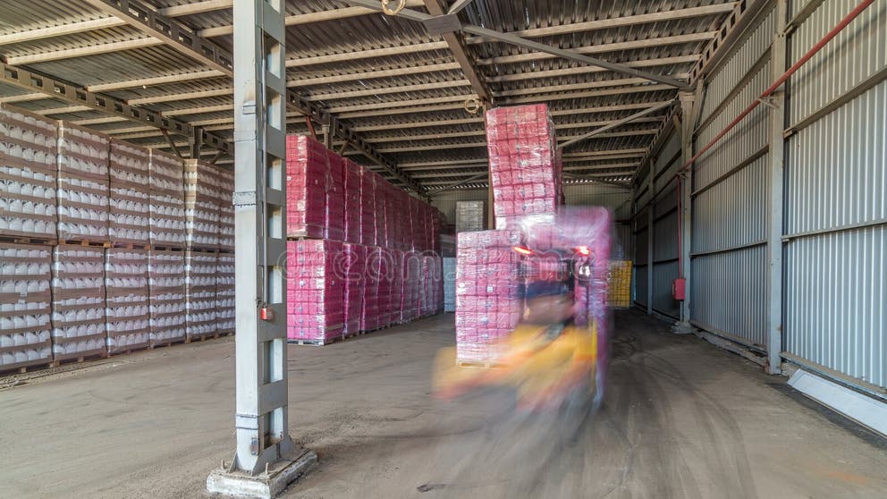Forklift Loader and Cargo Boxes Storing at Warehouse Timelapse ...