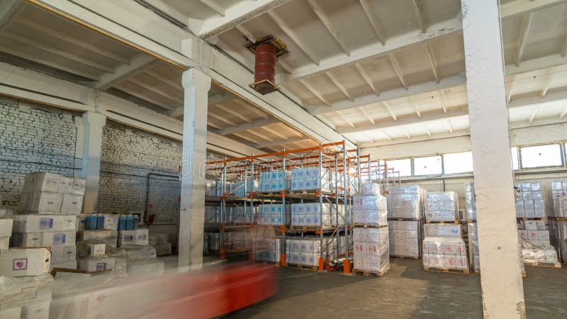 Forklift Loader and Cargo Boxes Storing at Warehouse Timelapse ...