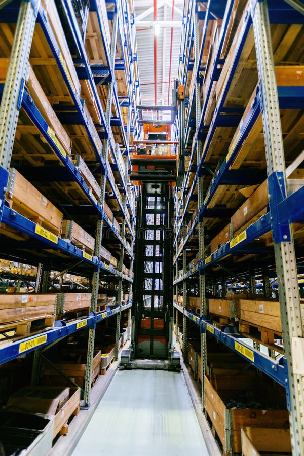 Forklift Loader in Modern Warehouse Interior with Shelves and Boxes ...