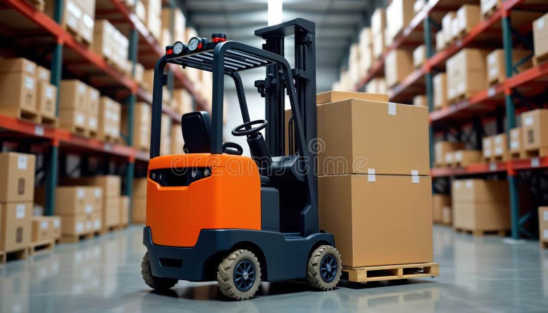 Forklift Loader Moves Cargo Boxes on Pallet in Warehouse. Industrial ... Forklift Loader Moves Cargo Boxes on Pallet in Warehouse. Industrial ...