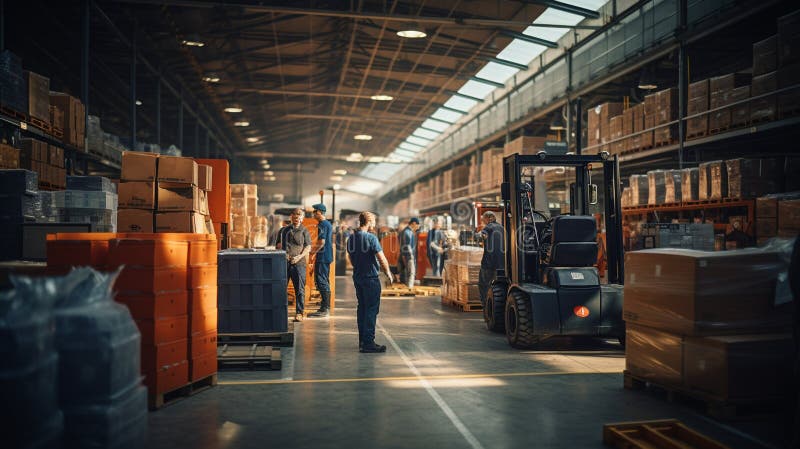 Forklift Loader in Storage Warehouse Ship Yard. Distribution Products ...
