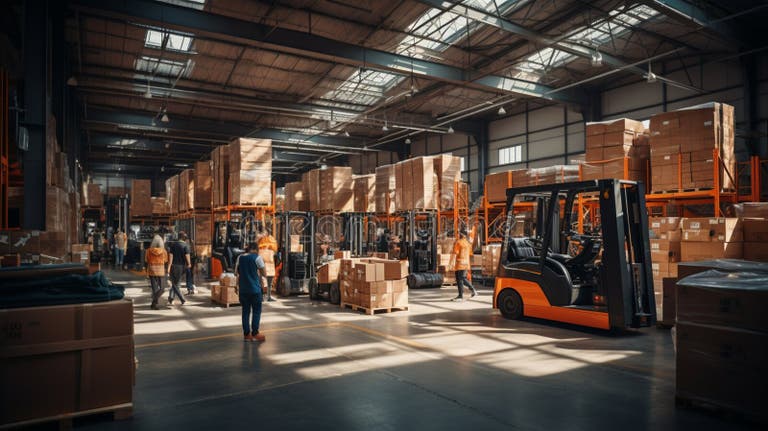 Forklift Loader in Storage Warehouse Ship Yard. Distribution Products ...