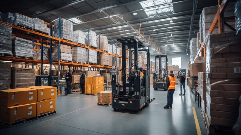 Forklift Loader in Storage Warehouse Ship Yard. Distribution Products ...