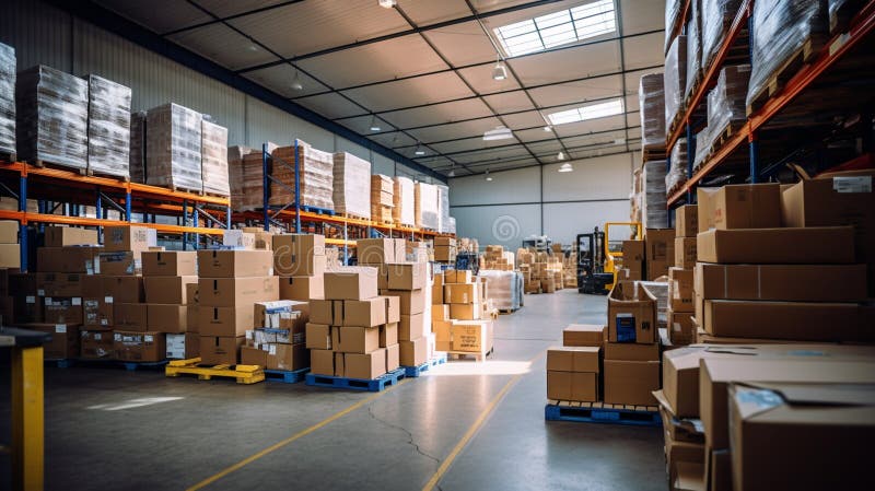 Forklift Loader in Storage Warehouse Ship Yard. Distribution Products ...