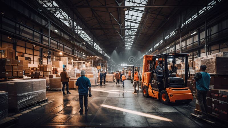 Forklift Loader in Storage Warehouse Ship Yard. Distribution Products ...