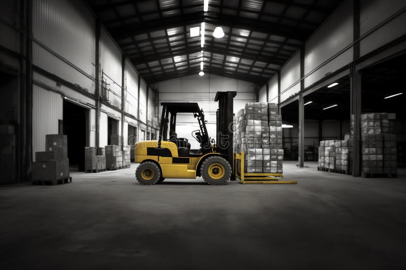 Forklift Loader in Storage Warehouse Ship Yard. Distribution Products ...
