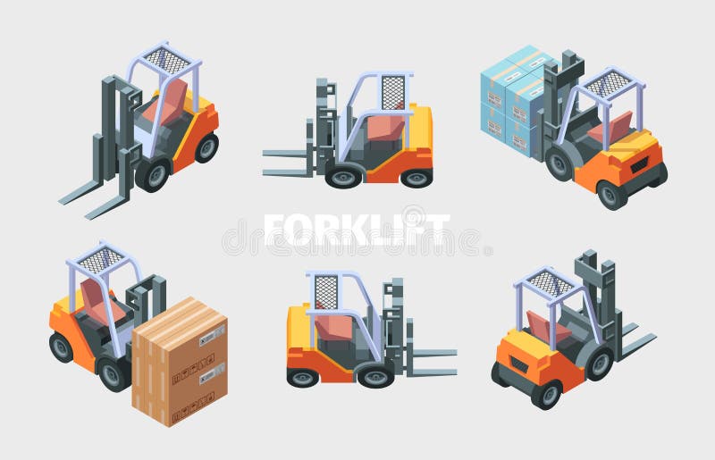 Loader Isometric. Manufacturing Vehicles Trucks with Forklift Garish ...