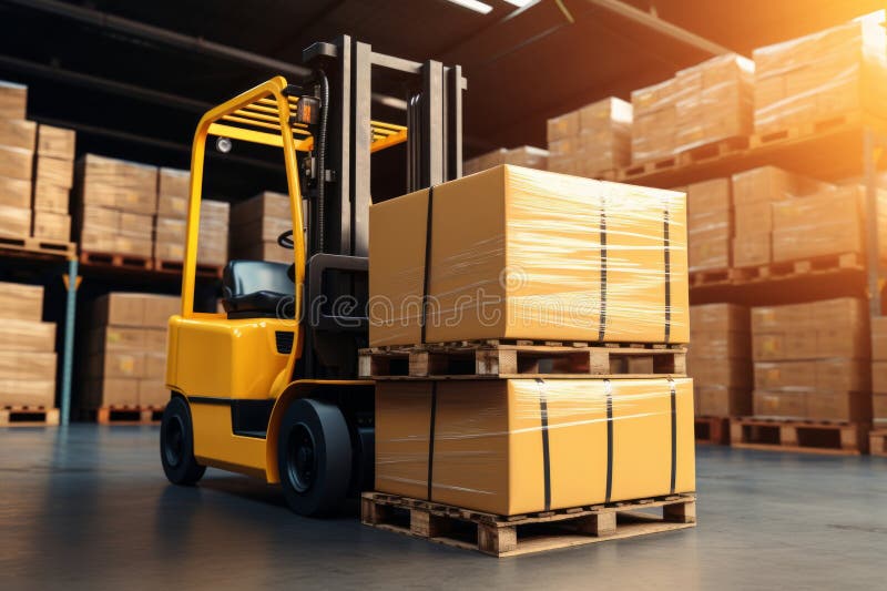 Forklift Loader Transporting and Loading Cardboard Boxes Stock ...